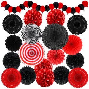 recosis red and black party decorations, papar fans pompoms fans garlands for birthday wedding graduation game night boy girl party decorations