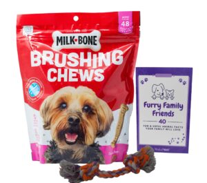 milk-bone brushing chews dental dog treats - mini snacks for small breeds (48 count) - plus rope toy and fun animal facts booklet bundle