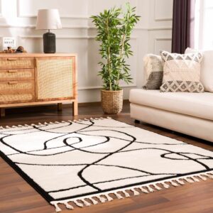 hauteloom deren living room, bedroom bohemian shag area rug - soft shaggy farmhouse - high plush pile - white, black, cream, light beige, bone - 5'3" x 7'