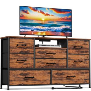 furnulem bedroom dresser tv stand with 8 drawers, long chest of drawers with power outlets wood desk top - for closet, living room wide storage fabric bins, industrial furniture (rustic brown)