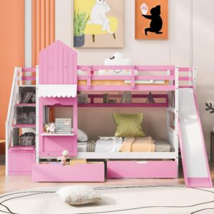 citylight castle bunk bed twin over twin,wooden bunk beds with slide and storage stairs,space saving twin bunk bed with 2 drawers and 3 shelves,kids bunk bed for girls boys,pink