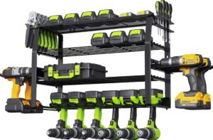 kayfia power tool organizer-10 drill holders wall mount removable design cordless drill 4 layer heavy duty tool organizers storage garage utility racks with screwdriver/plier holder