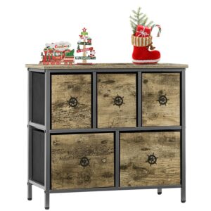 vecelo dresser for bedroom with 5 drawers, small chest of drawers for living room, nursery, entryway, fabric furniture clothes storage tower with steel, wood top, grey