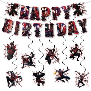 miles morales birthday decorations cartoon spider party decorations banner and hanging swirls for kid, boys and girls black spider happy birthday banners