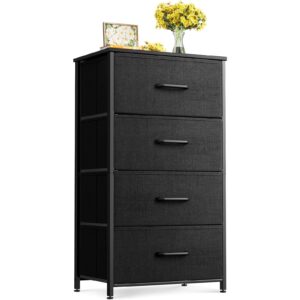 odk dresser for bedroom with 4 storage drawers, small dresser chest of drawers fabric dresser with sturdy steel frame, dresser for closet with wood top, black