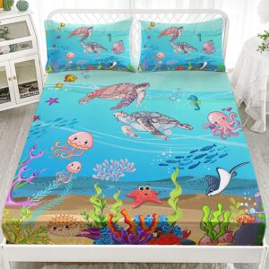 xynhml sea turtle fitted sheet tropical fish marine life bed set reptile sea animals wildlife bed cover for teens adult includes 1 fitted sheet,2 pillowcases