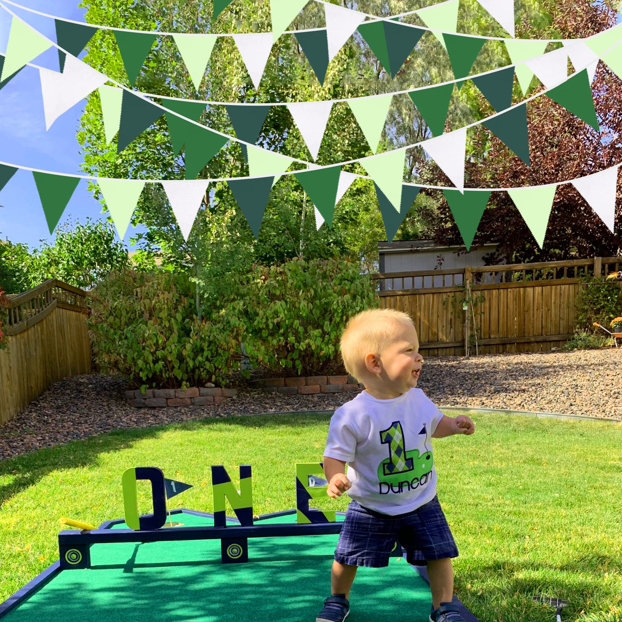 32Ft Gradient Green Banner Party Decorations Green Triangle Flag Fabric Banner Pennant Bunting Garland Streamers for Dinosaur Birthday Wedding Baby Shower Arbor Day Summer Golf Outdoor Party Decor