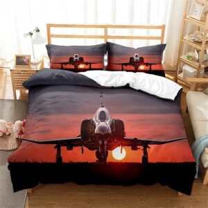 fighter jet in sunset duvet cover twin size | army military fighter bedding set | 2 piece | soft microfiber patterned comforter cover with zipper ties & 1 pillowcase | bedroom & room decor