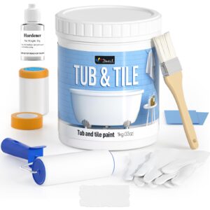 dwil tub paint, tub and tile refinishing kit 35oz with tools, tub refinishing kit white bathtub paint water based &low odor, easy to use sink paint for bathroom kitchen, semi-gloss white, 50-55sq.ft