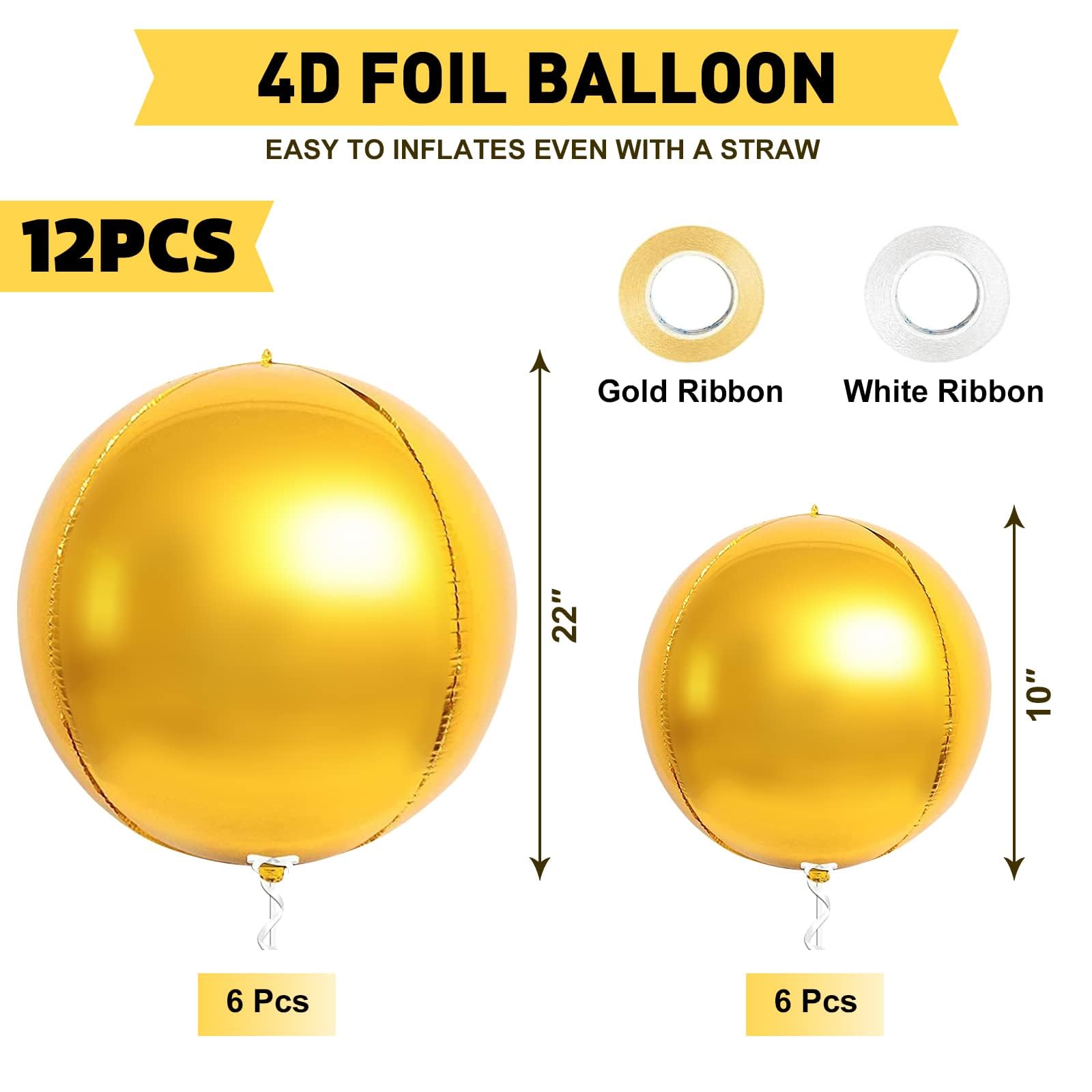 Foil Balloons 22 Inch 10 Inch Gold Balloons 12Pcs Mylar Balloons 4D Party Balloons for Gold Birthday Decorations,Wedding,Graduation