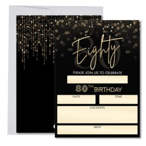 80th birthday party invitations for women and men, black and gold eighty birthday decoration and supplies, 20 fill-in invites + envelopes