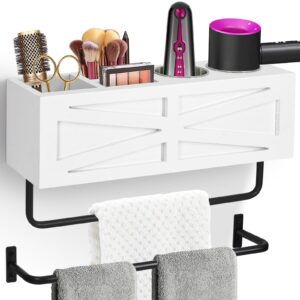 hair dryer holder wall mount, wood hair tool organizer, white hot tools organizer with 2 towel bars, rustic bathroom organizer blow dryer holder for bathroom decor, flat iron, curling wand, brushes