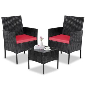 paiqian patio set 3 piece outdoor rattan porch furniture with tempered glass side table & cushion all weather conversation bistro set for balcony,deck,porch (black/red)