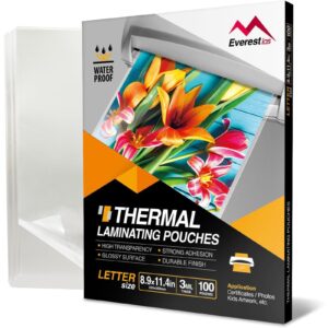 everest thermal laminating sheets, 8.9 x 11.4 inches, 3 mil thick, 100/200 - pack, non-toxic material and adhesive, letter size laminated pouches for documents and photos, clear (3 mil, 100, pack)