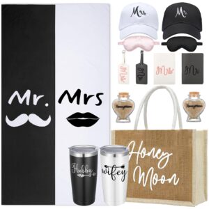 rtteri 14 pieces wedding gifts for couple mr and mrs honeymoon gifts bride and groom gifts include wedding towels 20 oz wine tumbler hat passport holder baggage tag glass bottle honeymoon tote bag