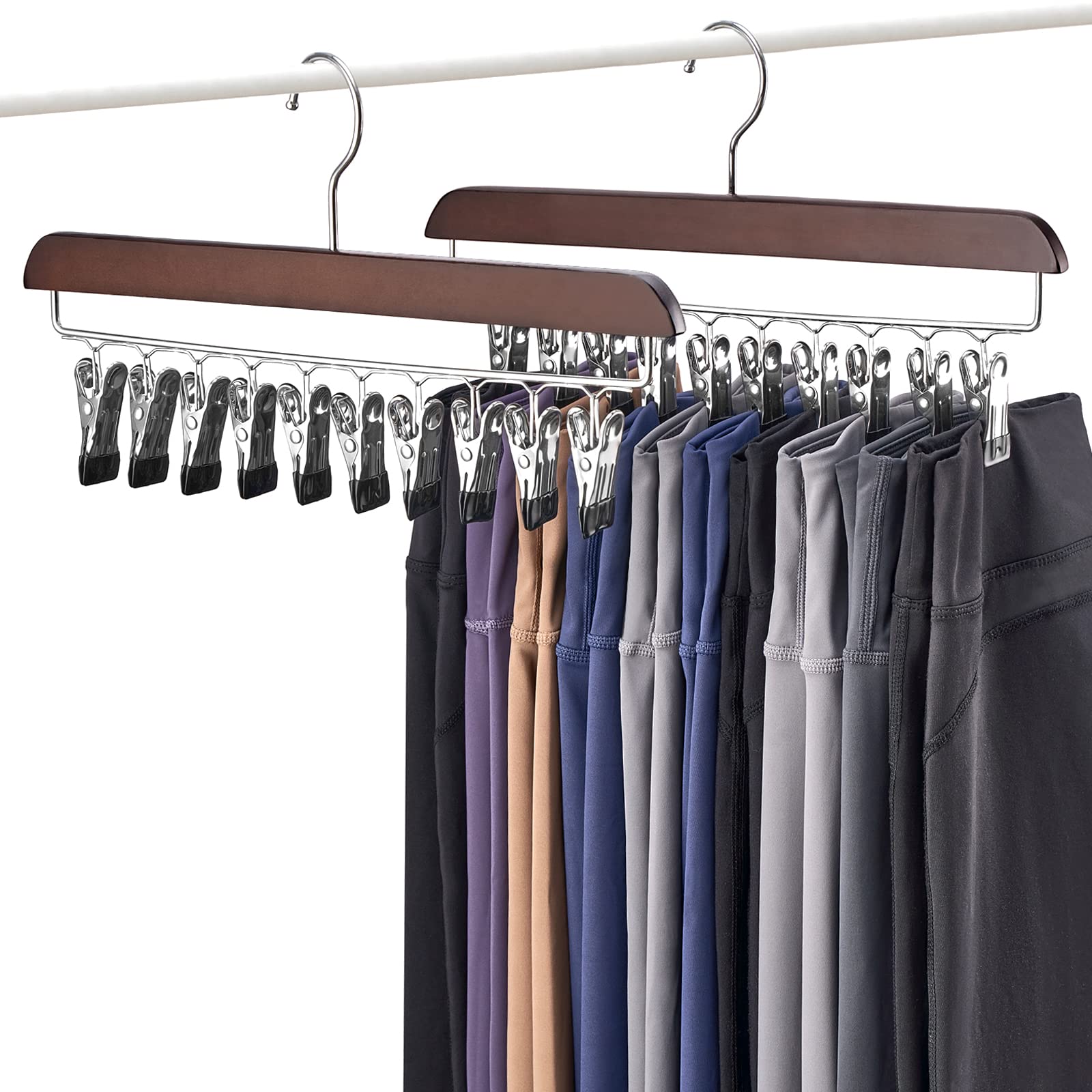 Mkono Legging Organizer for Closet, Set of 2 Yoga Pants Hangers with 20 Rubber Coated Clips 360° Swivel Hook Space Saving Rustic Wood Hanging Closet Organizers and Storage