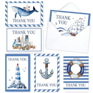 anydesign cruise staff thank you cards set with stickers envelopes 24 pack blue nautical thank you note cards for express thanks to ship staff birthday baby shower party, 4 x 6 inch