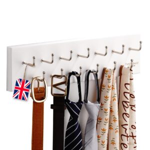 treehouse belt organizer rack, holds over 28 large belts, sturdy metal & solid wood storage holder for closet, versatile, wall mounted belt & tie display hanger for bedroom - (white) 16''l x4.25''h