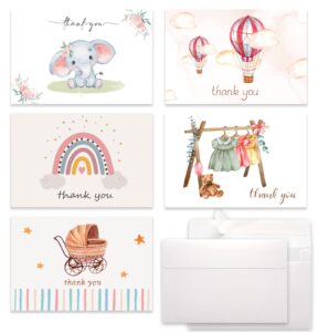 nihuecne 30 pack boxed baby shower thank you cards assortment with self-adhesive envelopes, 4x6 inch animal and rainbow baby girl shower thank you greeting cards