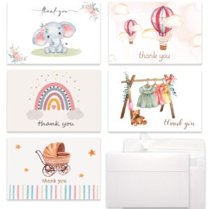 Nihuecne 30 Pack Boxed Baby Shower Thank You Cards Assortment with Self-adhesive Envelopes, 4x6 Inch Animal and Rainbow Baby Girl Shower Thank You Greeting Cards