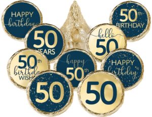 navy blue and gold 50th birthday party favor chocolate kisses candy stickers - 180 count