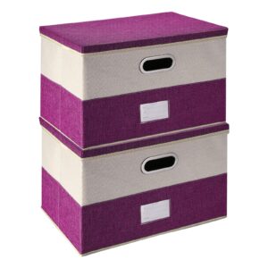 fassave foldable storage bins with lids, 2 packs fabric storage container basket cube with handles for office, bedroom, closet (small-2 pack, beige&purple)