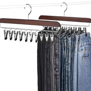 Mkono Legging Organizer for Closet, Set of 2 Yoga Pants Hangers with 20 Rubber Coated Clips 360° Swivel Hook Space Saving Rustic Wood Hanging Closet Organizers and Storage