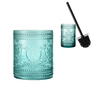 kmwares glass decorative toilet bowl cleaner brushes and holde/wastebasket for bathroom accessories storage/organization/decoration- teal blue (brush and holder and wastebasket)