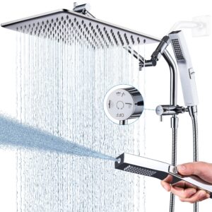 g-promise all metal 12'' rain shower head with handheld built-in power wash mode 3-way diverter with pause setting 11'' adjustable extension arm with lock joint 65'' stainless steel hose