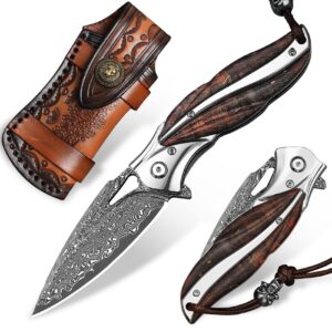 alvely handmade japanese vg10 damascus steel folding pocket knife，with leather case，liner lock，3.1in high hardness blade，wooden handle，men's folding knife hiking trip edc tool knife