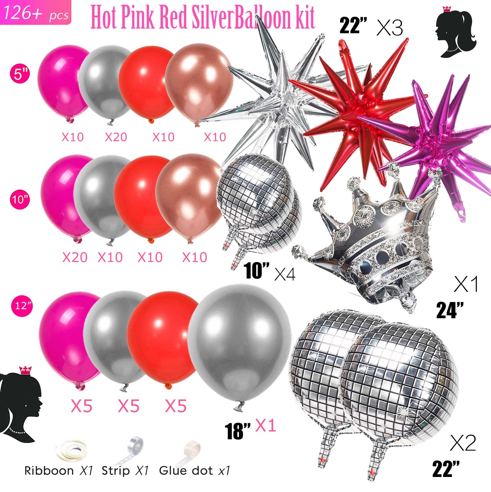 Hot Pink Red Silver Disco Balloon garland arch kit with Disco ball Starburst Crown balloons for girl birthday Disco dance theme 2024 graduation Prom party Decorations