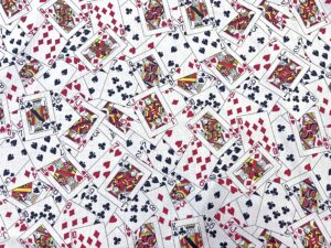 amornphan 44 inch casino poker classical colors with playing card suits gamble gaming luck pattern printed on white cotton fabric for craft cloth kid patchwork handmade sewing crafting for 1 yard