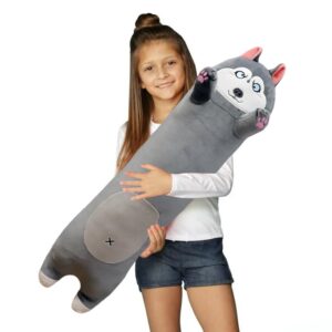 elainren ultra-soft long husky dog plush pillow cute anime siberian husky stuffed toy kawaii long husky plushie sleeping pillow/35.4''