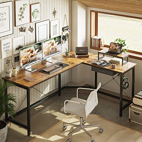 BANTI 67 inch L Shaped Desk Computer Corner Desk, Home Office Gaming Table, Sturdy Writing Workstation with Small Table, Brown