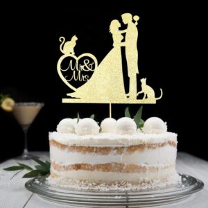 mr and mrs cake topper, bride and groom with cats silhouette wedding cake decors, cats pet party decorations, gold glitter