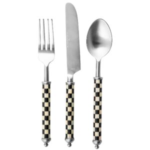 mackenzie-childs supper club 3-piece place setting, fork, spoon, and knife dinner flatware set, black-and-white courtly check