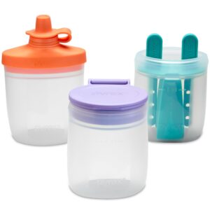 pyrex littles (6-pc) silicone baby toddler feeding set, 5 oz pouches and lids for food & beverage, airtight leak-proof, bpa free non-breakable dishwasher safe, ages 6 months +