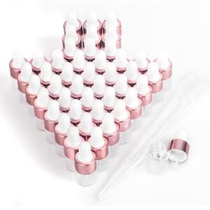 easeen 50 pcs sample dropper bottles, 1ml mini dropper bottles with 2 pcs plastic droppers for traveling essential oils diy cosmetic liquid sample perfume (rose gold)