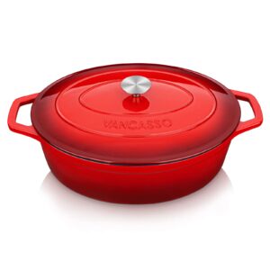 vancasso enameled cast iron dutch oven, 9.3 quart dutch oven pot with lid, oval dutch oven cast iron pot with non stick enamel coating for bread baking, red