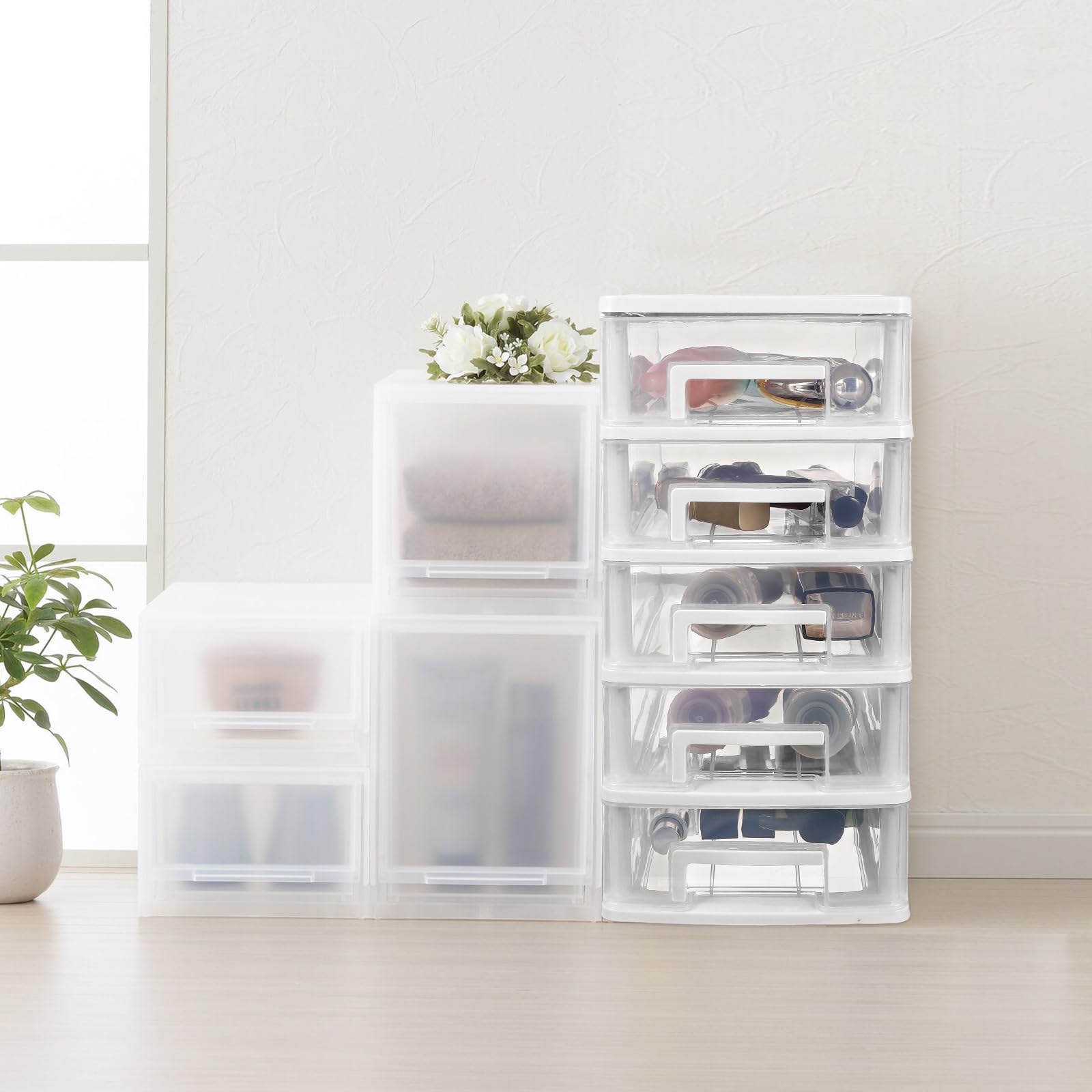 Toyvian Plastic Storage Drawers,5-Drawer Plastic Storage Bins with Clear Drawers,Storage Organization for Arts and Crafts, Small Tools,Office Supplies and Accessories(Small,White)