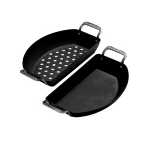 kamado joe karbon steel pre-seasoned carbon steel non-stick half-moon pans with one solid pan and one perforated pan for classic joe and big joe kamado grills, model kj15124822