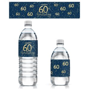 navy blue and gold 60th birthday party water bottle labels - 24 count, 60th birthday decorations