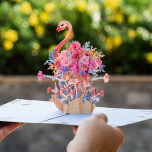 Frndly by Paper Love, 3D Floral Flamingo Pop Up Card, Gift for Birthday, Wedding, Anniversary, Mothers Day, Thank You, Get Well, All Occasion - Handcrafted 100% Recycled and Eco-Friendly, 8" x 6" Cover - Includes Envelope and Note Tag