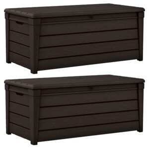 keter 2 pack storage bench, weatherproof resin outdoor backyard 120 gallon deck box, brightwood, brown