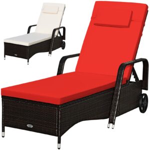 tangkula patio wicker chaise lounge chair with wheels, adjustable rattan reclining chair with armrests & cushions, red & off white cover, outdoor recliner chair for pool deck beach backyard (1, brown)