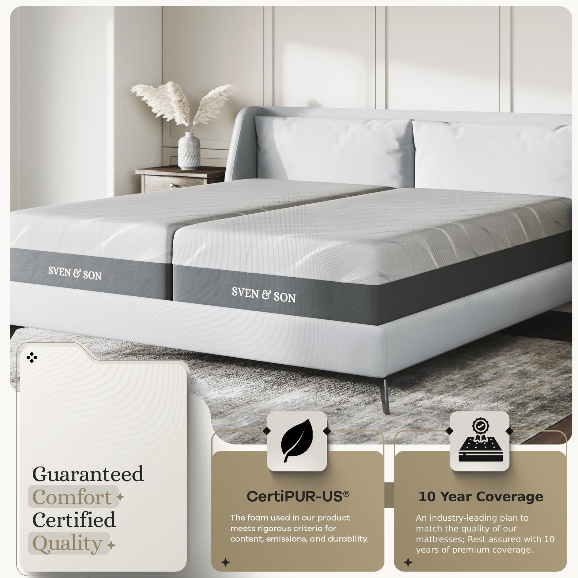 Sven & Son Gel Memory Foam Mattress, Premium Materials, CertiPUR-US, Made in The USA, 10 inch Firm - Split King