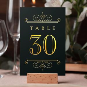 black and gold table number cards 1 - 30 , gold stamped 4" x 6" wedding table numbers , double side printed table number cards , seating chart , black table numbers for wedding reception (32pcs)