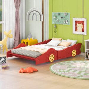 full size race car bed for boys, wood low platform bed frame with support slats, full beds in race car-shaped for kids teens, red