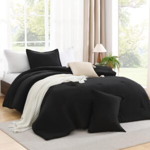 Andency Black Full Size Comforter Set, 3 Pieces Fluffy Solid Bedding Comforters & Sets, All Season Soft Lightweight Microfiber Bed Blanket Set for Kids Teens Boys