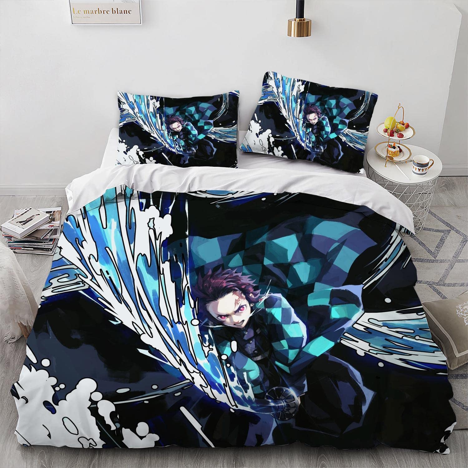 NICHIYOBI Devil Slayer Anime Tanjirou Duvet Cover Set 3D Bedding Comforter Cover 3 Pcs (1 Duvet Cover+2 Pillowcases) Bedding Set (01,Queen-90x90in+20x30in*2)